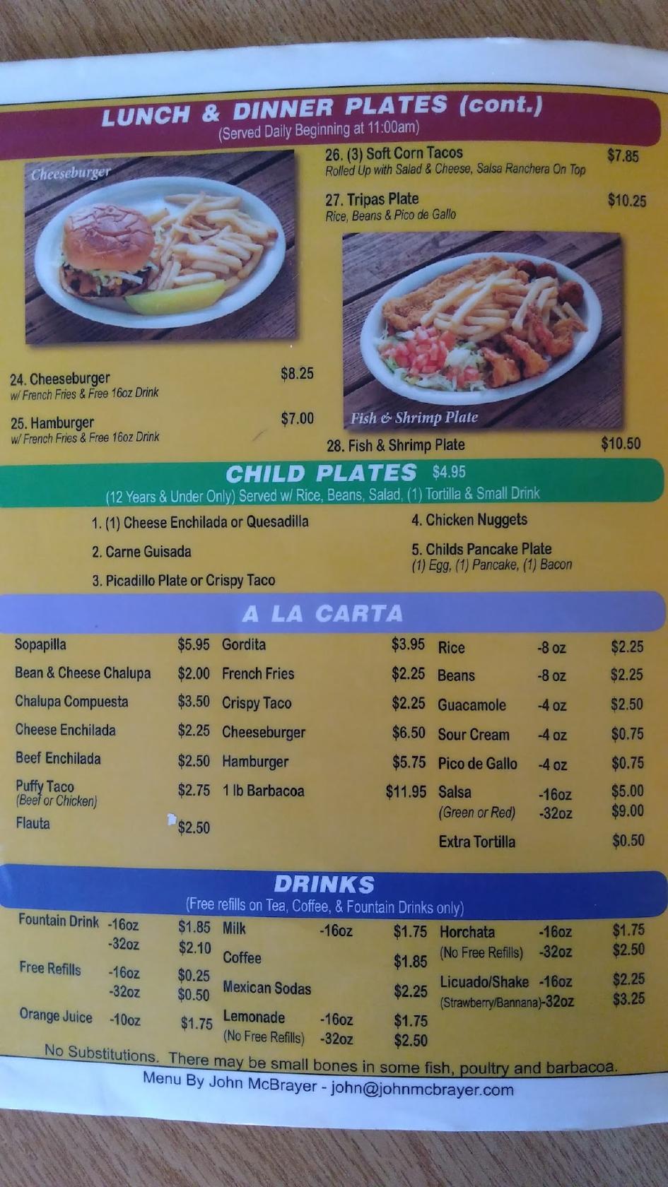 Menu at Aguas Calientes Taqueria restaurant, San Antonio, Blanco Rd #200