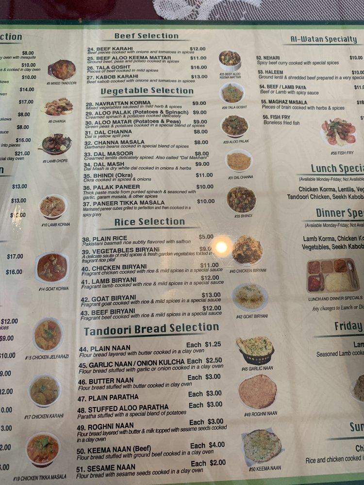 Menu at Al Watan Halal Tandoori Restaurant, Hawthorne