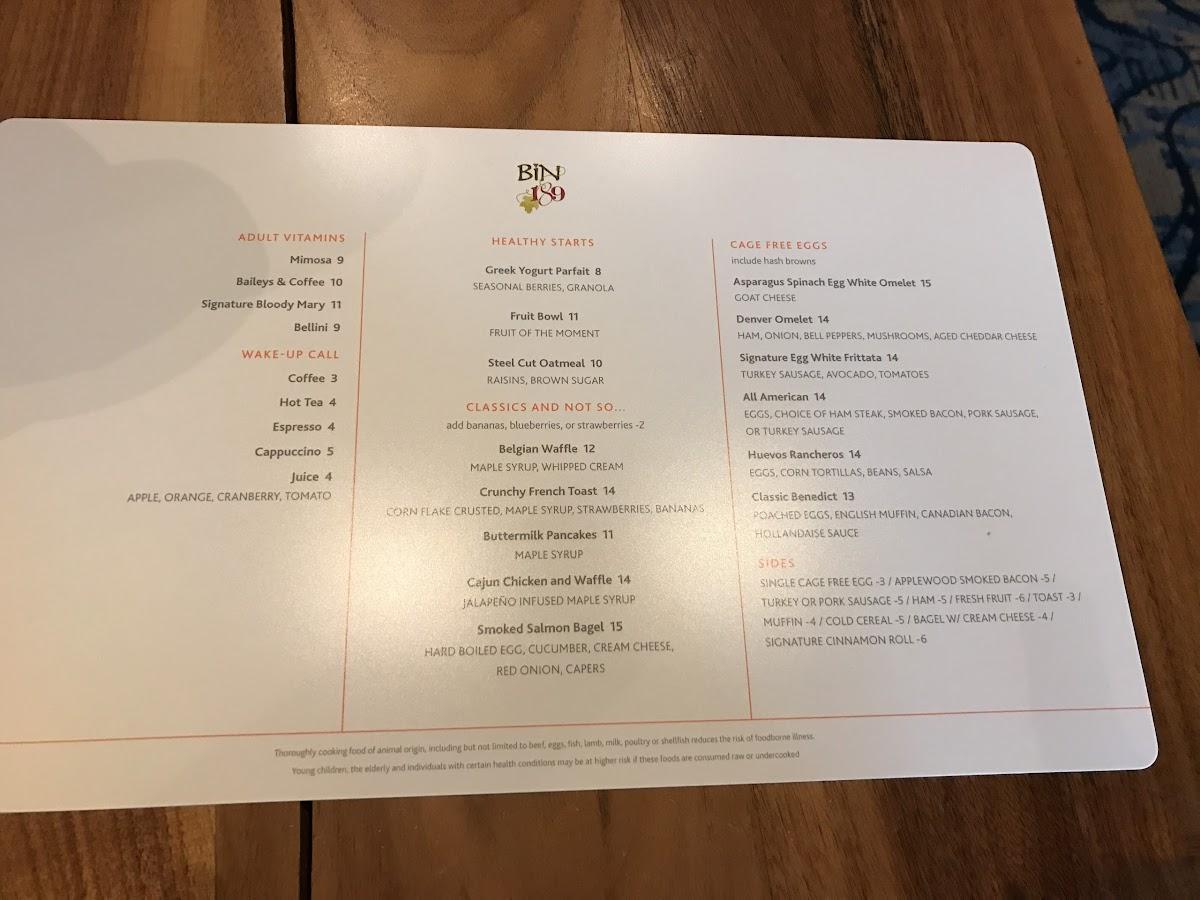 Menu at Bin 189 restaurant, Lake Arrowhead, CA-189