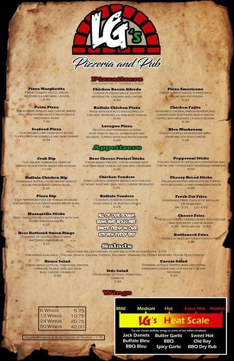 Menu at LG’s Pizzeria and Pub, Frostburg