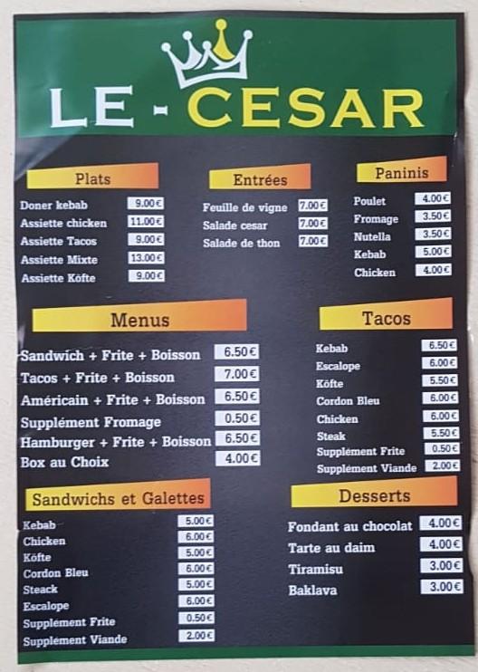 Carta del restaurante Le César, Allassac
