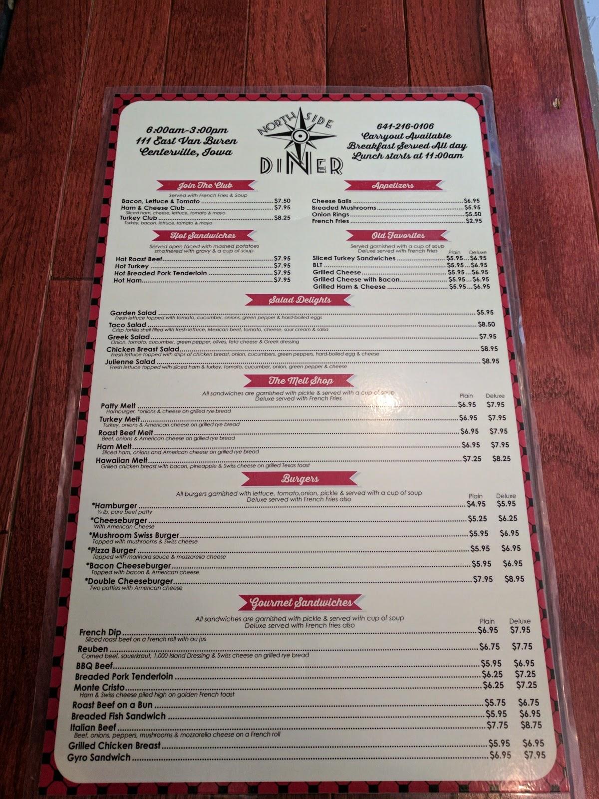 Menu at North Side Diner restaurant, Centerville