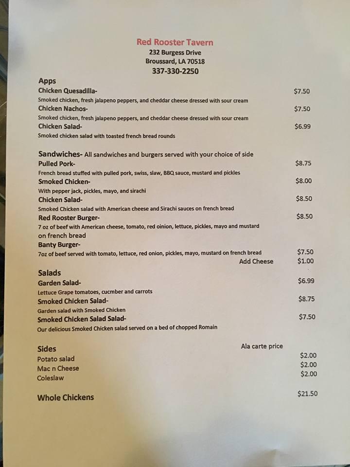 Menu at Red Rooster Tavern pub & bar, Broussard