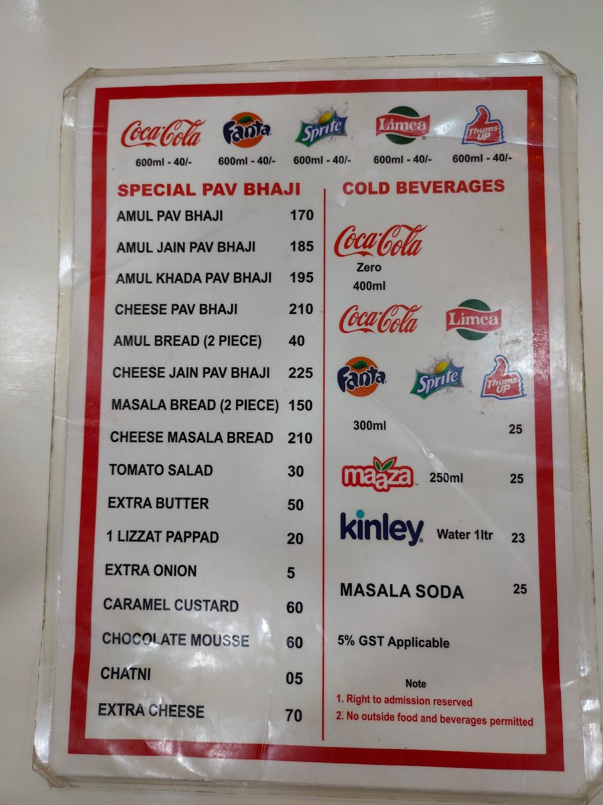 Menu at Sardar Pav Bhaji, Mumbai