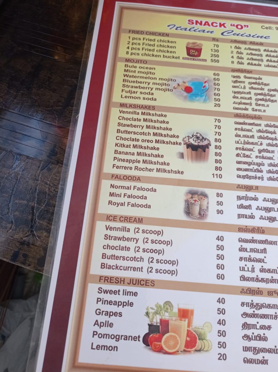 Menu at Snack"O", Gingee