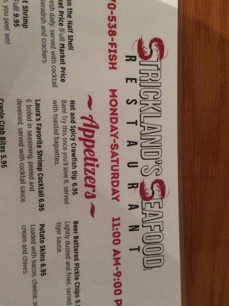 Menu at Strickland's Seafood Restaurant, Paducah