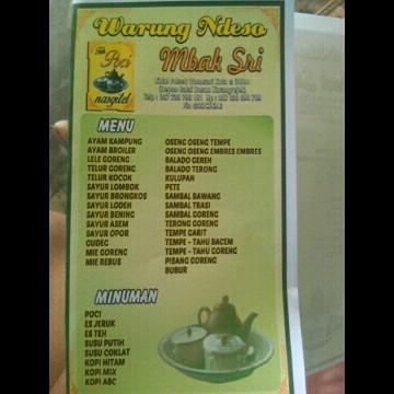 Menu at Warung Ndeso Mbak Sri restaurant, Wonosari