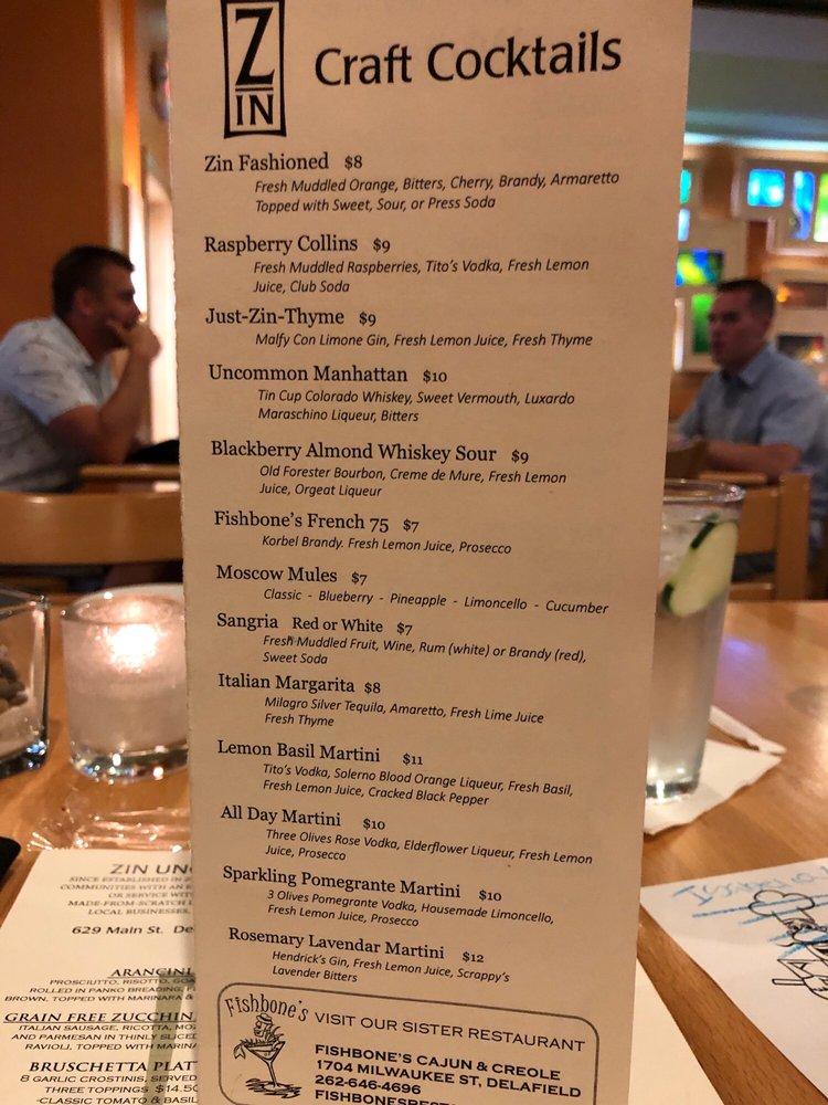 Menu at Zin - Uncommon California Italian pub & bar, Delafield