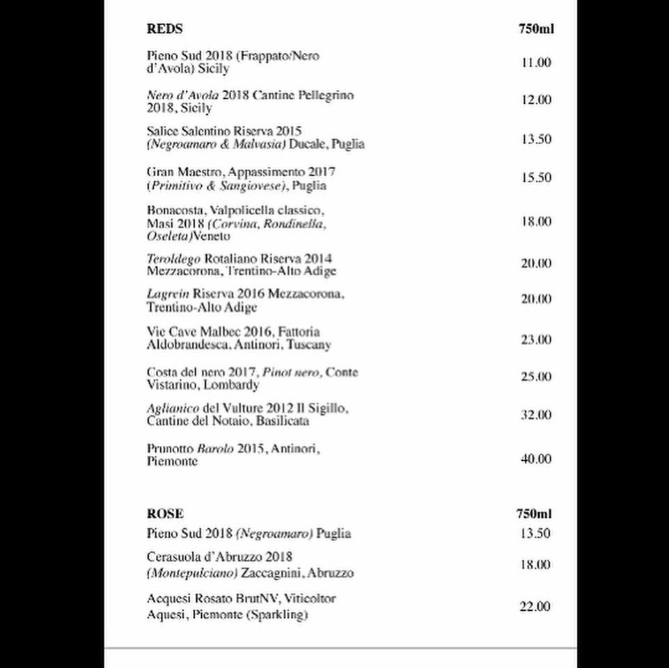 Menu at Zucco restaurant, Leeds