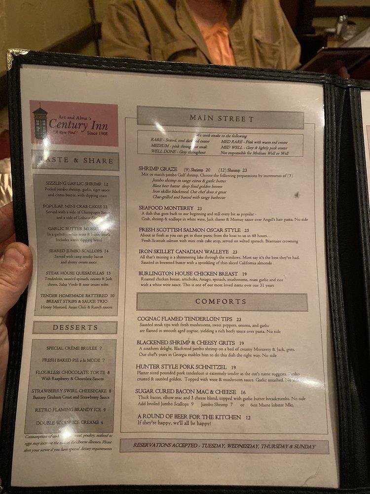 Menu at Art & Alma's Century Inn pub & bar, Burlington