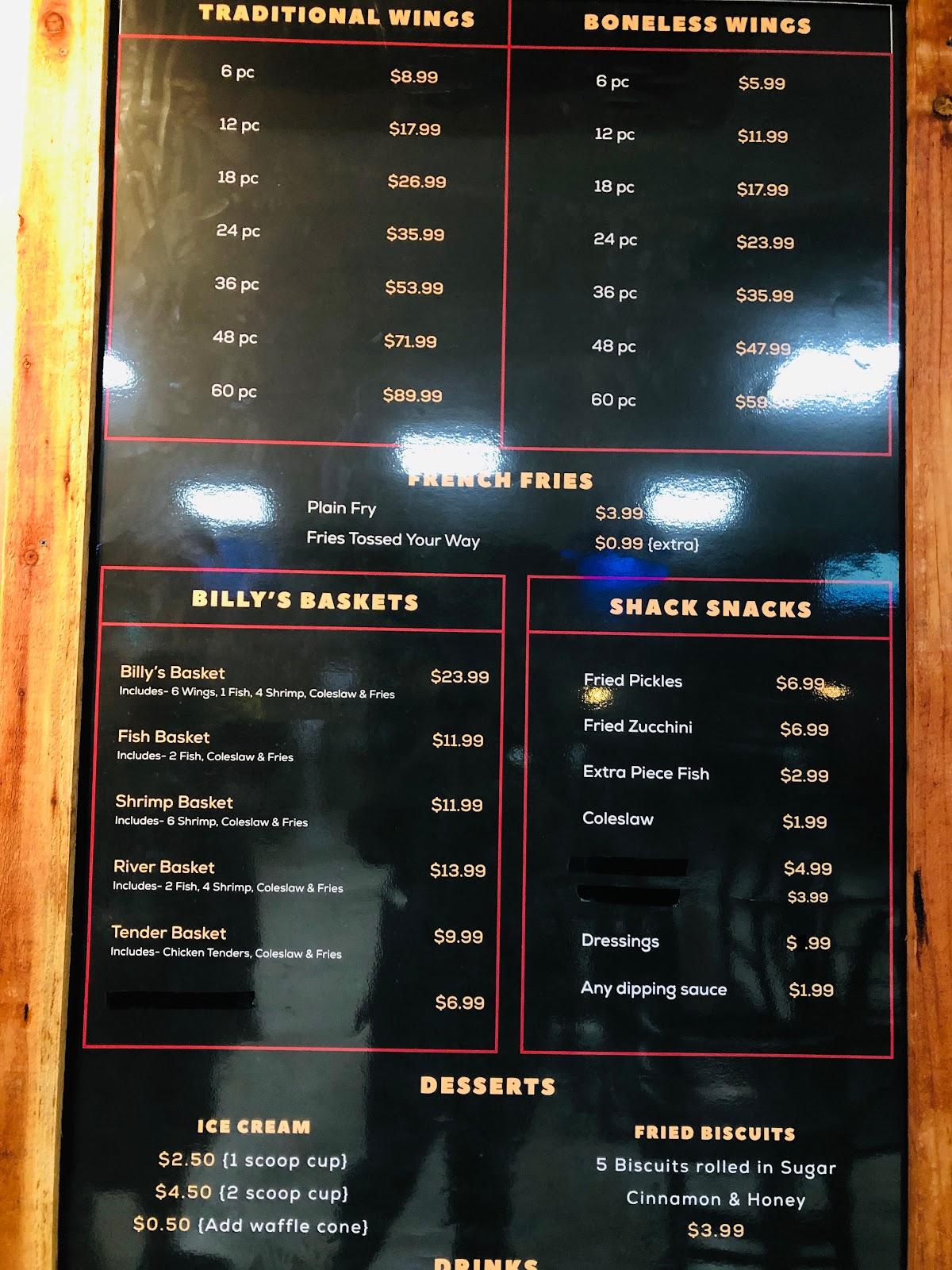 Menu at Billy’s Wing Shack restaurant, Parker