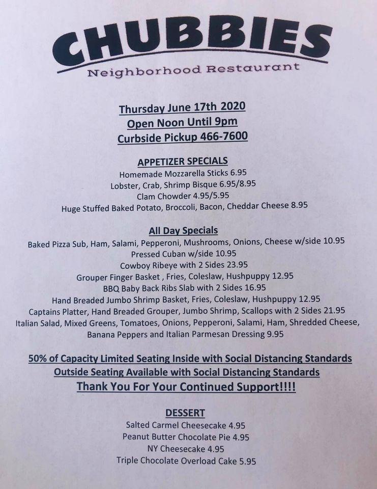 Menu at Chubbies pub & bar, Fort Pierce