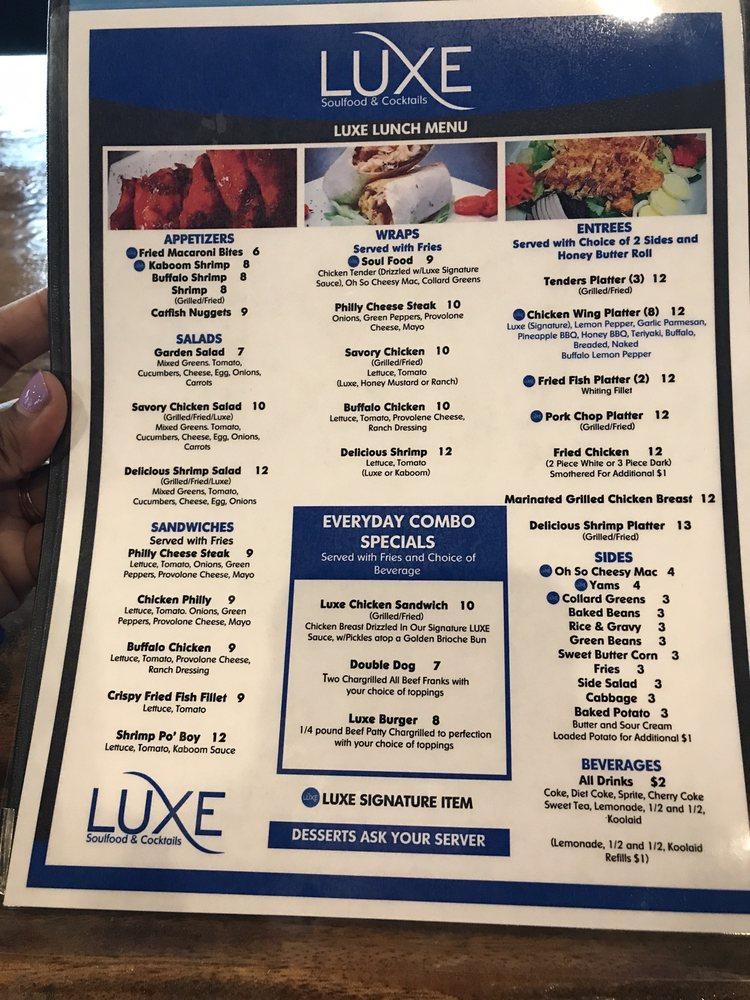 Menu at Luxe Soulfood & Cocktails restaurant, Greensboro