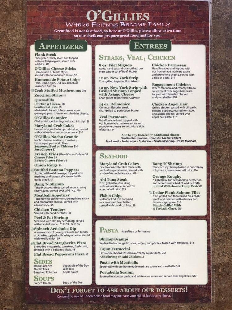 Menu at O'Gillies Pub & Restaurant, Uniontown