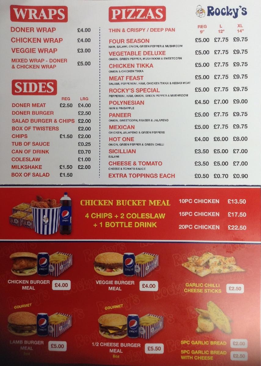 Menu at Rocky's Slough pizzeria, Slough