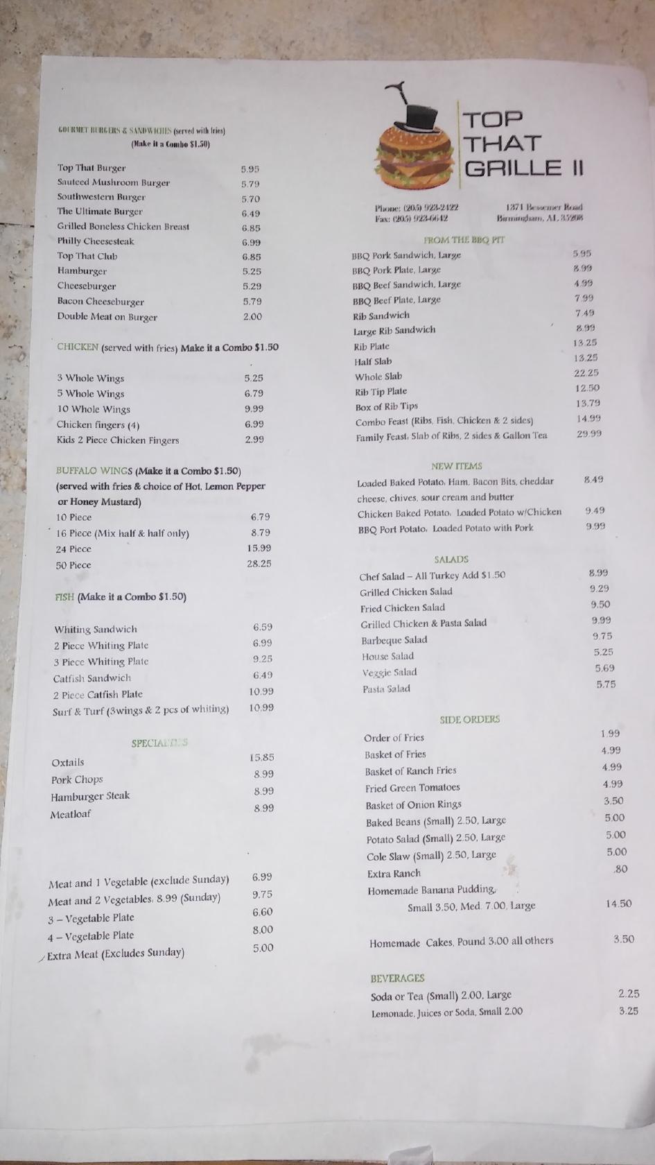 Menu at Top That Grille II restaurant, Birmingham, Bessemer Rd