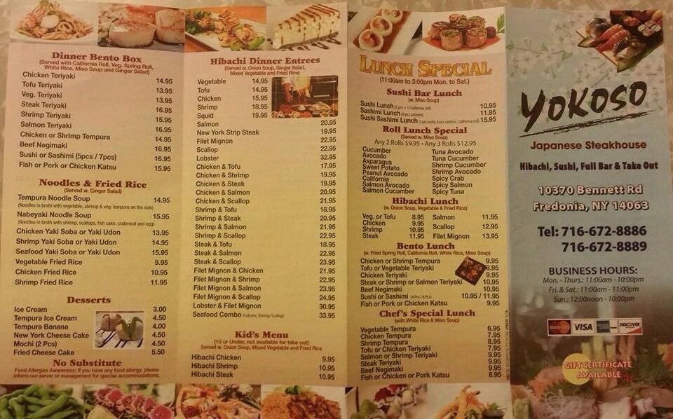 Menu at Yokoso Japanese Steakhouse, Fredonia