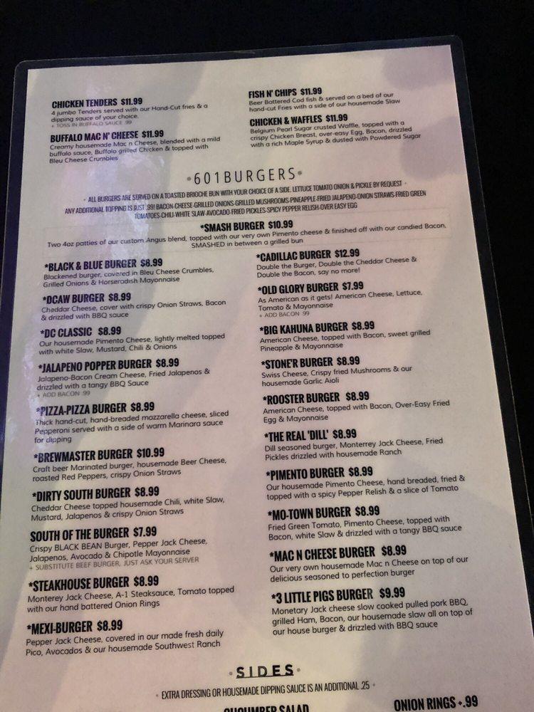 Menu at 601 BURGERS AND BREWS pub & bar, Mocksville