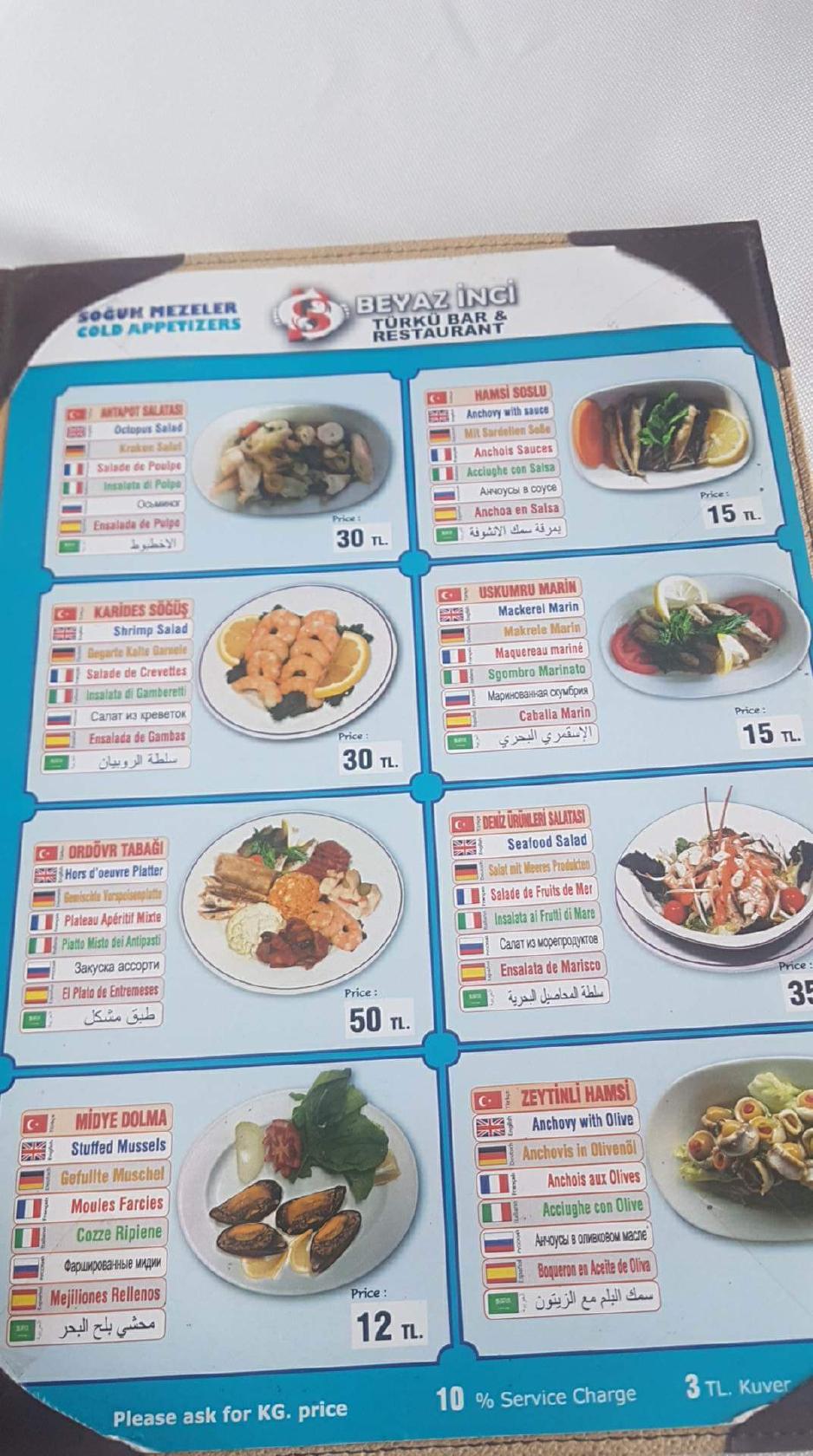 Menu at Beyaz İnci Restaurant Galata Köprüsü, Istanbul, Haliç Tarafı
