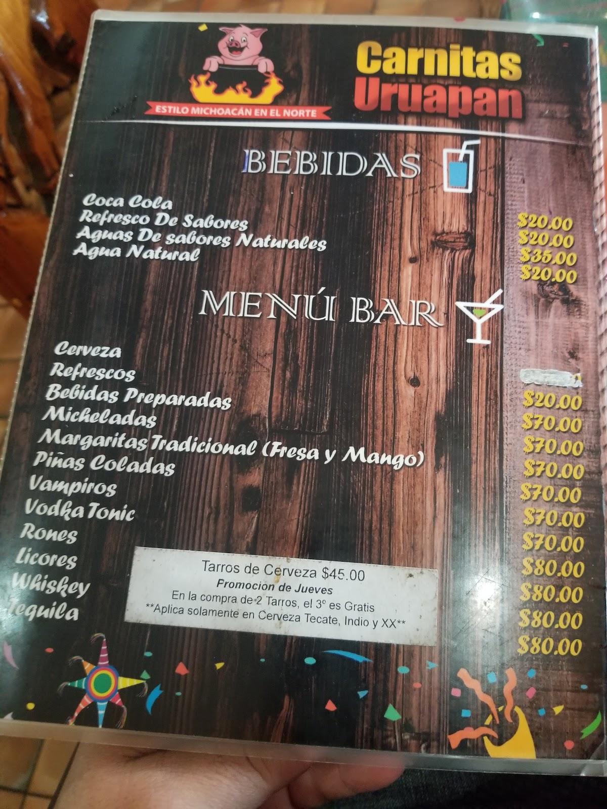 Menu at Carnitas Uruapan restaurant, Piedras Negras, México 2