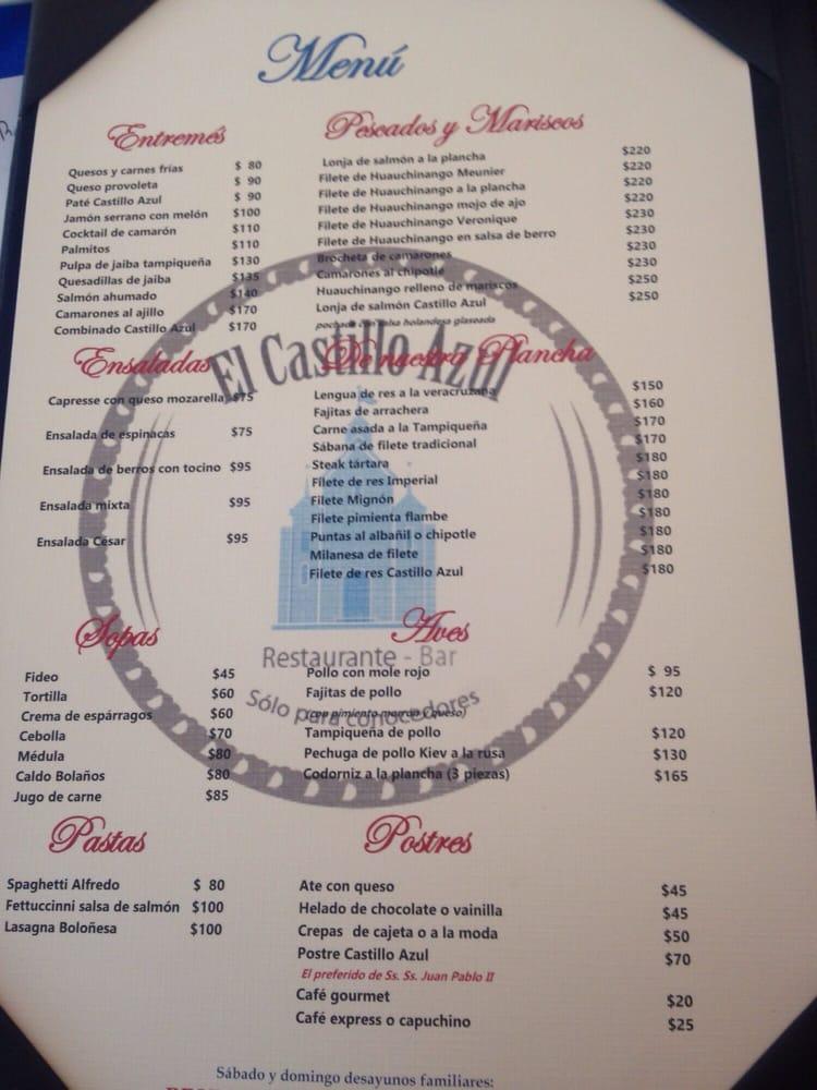 Menu at El Castillo Azul pub & bar, Mexico City