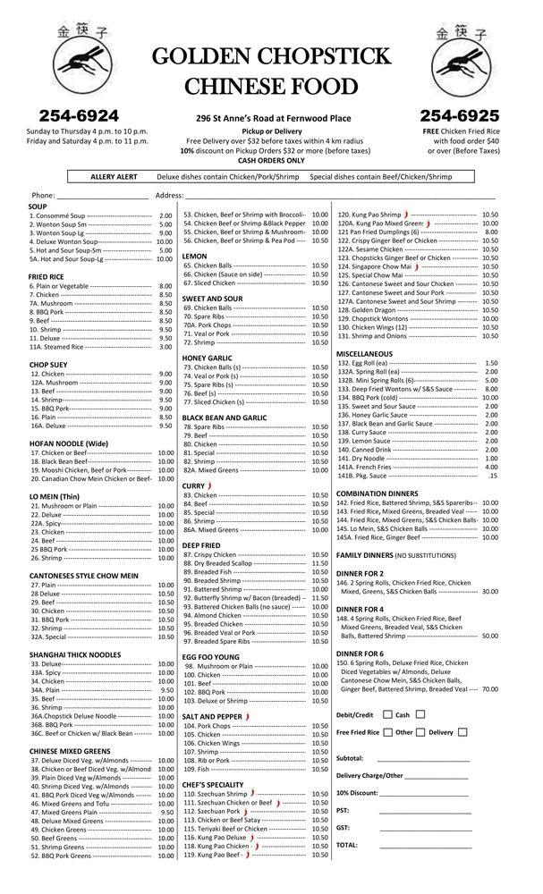 Menu at Golden Chopstick Chinese Food restaurant, Winnipeg