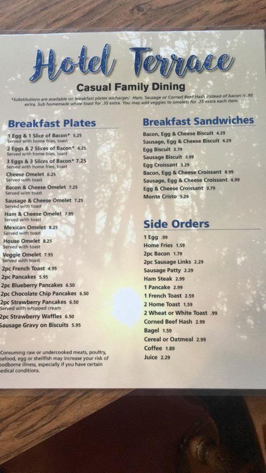 Menu at Hotel Terrace restaurant, Millinocket