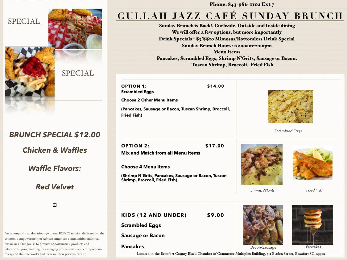 Menu at SANDIES at the Gullah Jazz Cafe, Beaufort