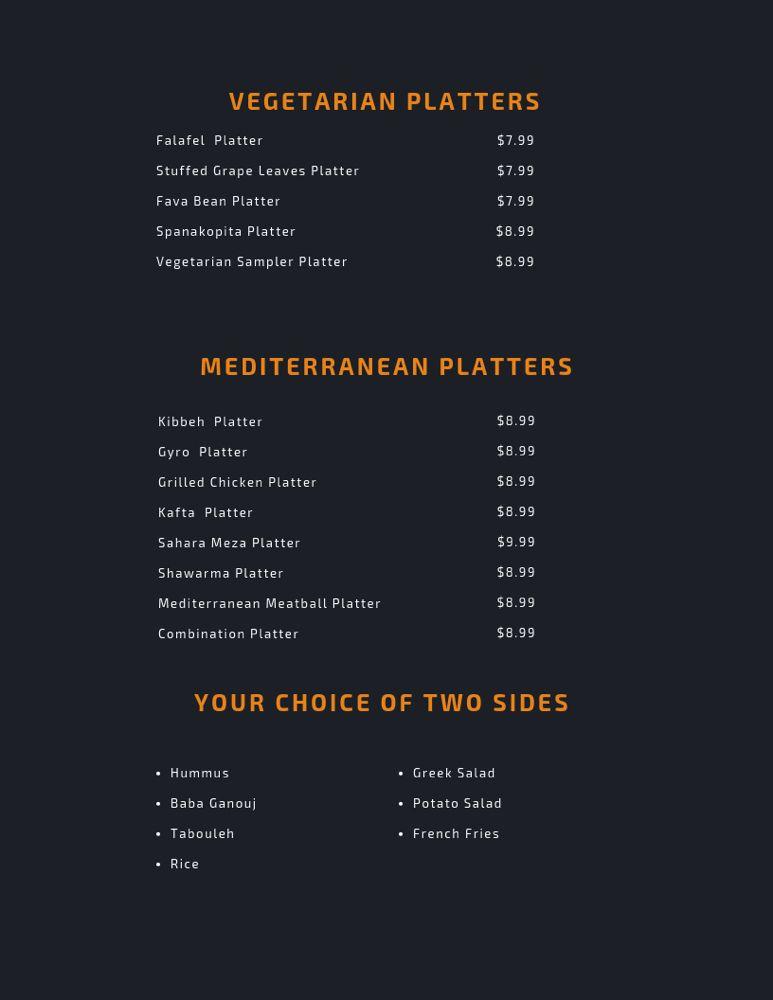 Menu at Sahara Cafe & Mediterranean Foods, Sarasota