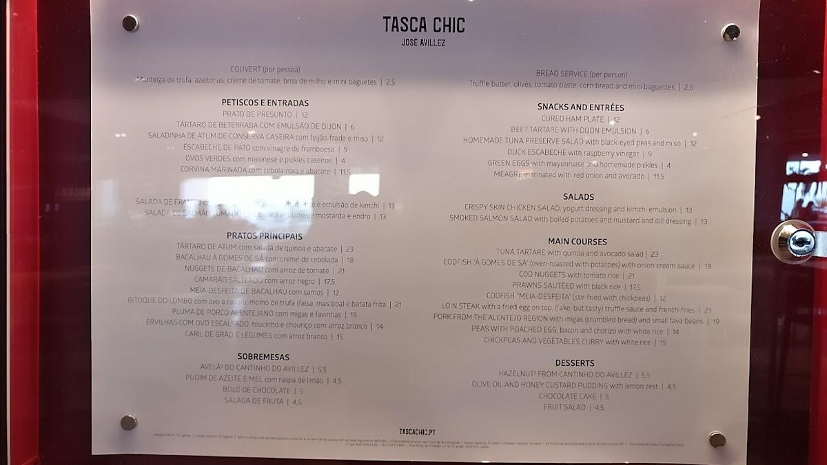 Menu at Tasca Chic restaurant, Lisbon