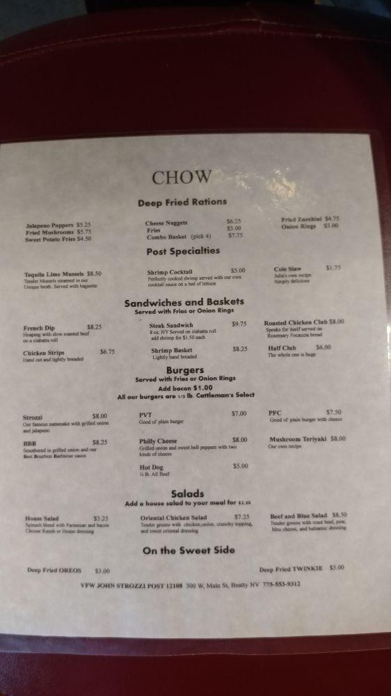 Menu at VFW pub & bar, Beatty