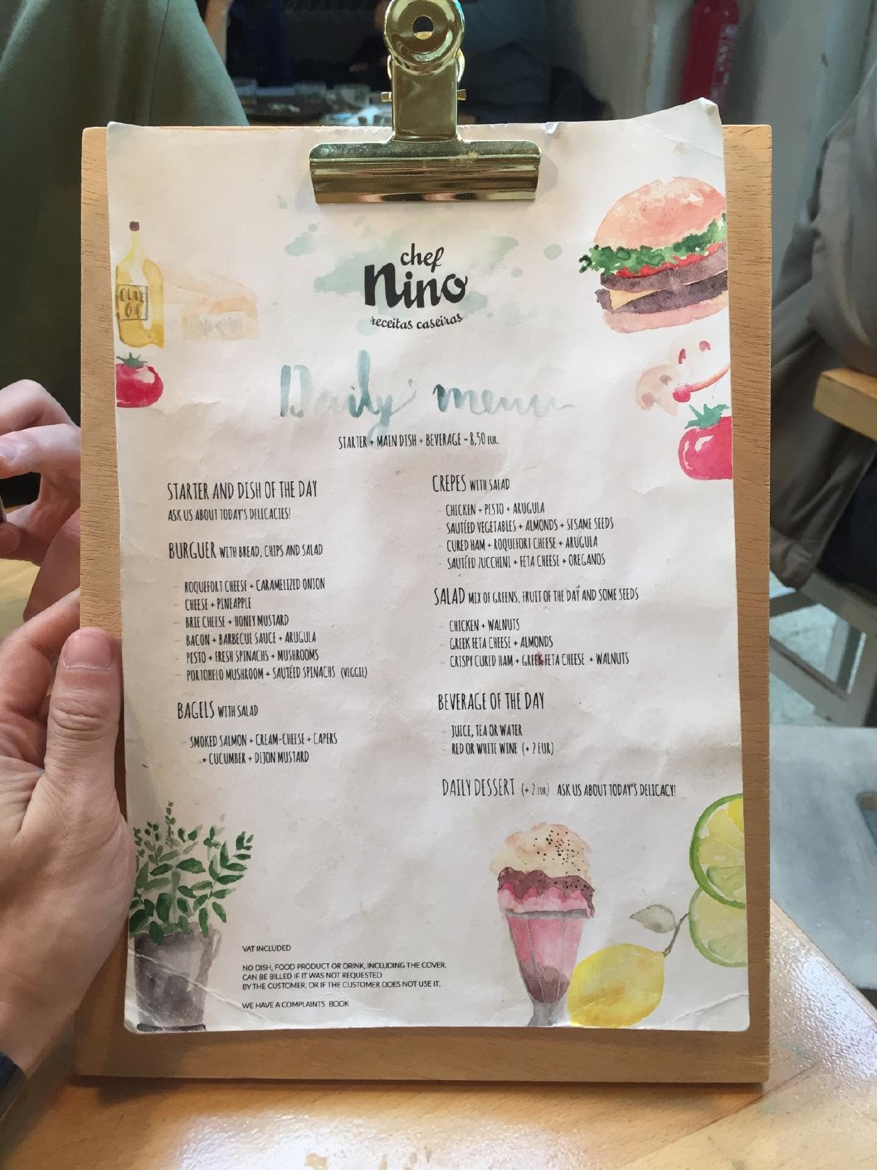 Carta de cafetería Chef Nino, Lisboa