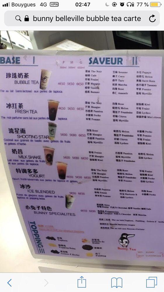 Menu at Bubble Tea Bunny cafe, Paris, 13 Rue Louis Bonnet