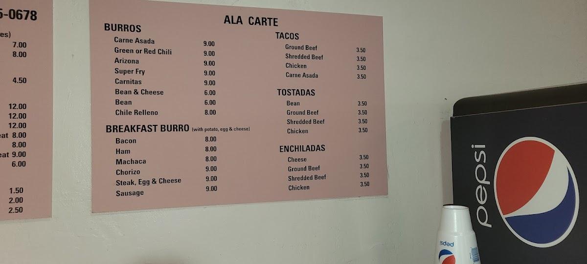 Menu at Bush & Shurtz restaurant, Pima