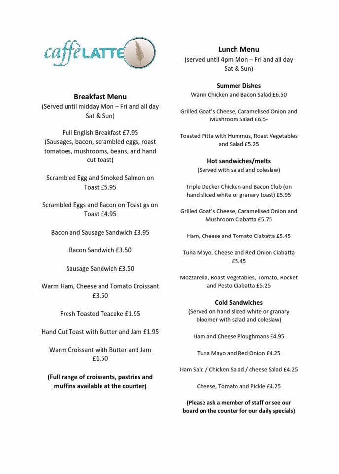 Menu at Caffe Latte cafe, Manchester