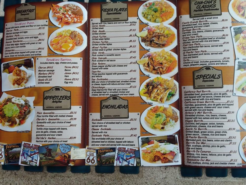 Menu at Cha-Cha's Tacos restaurant, Redlands