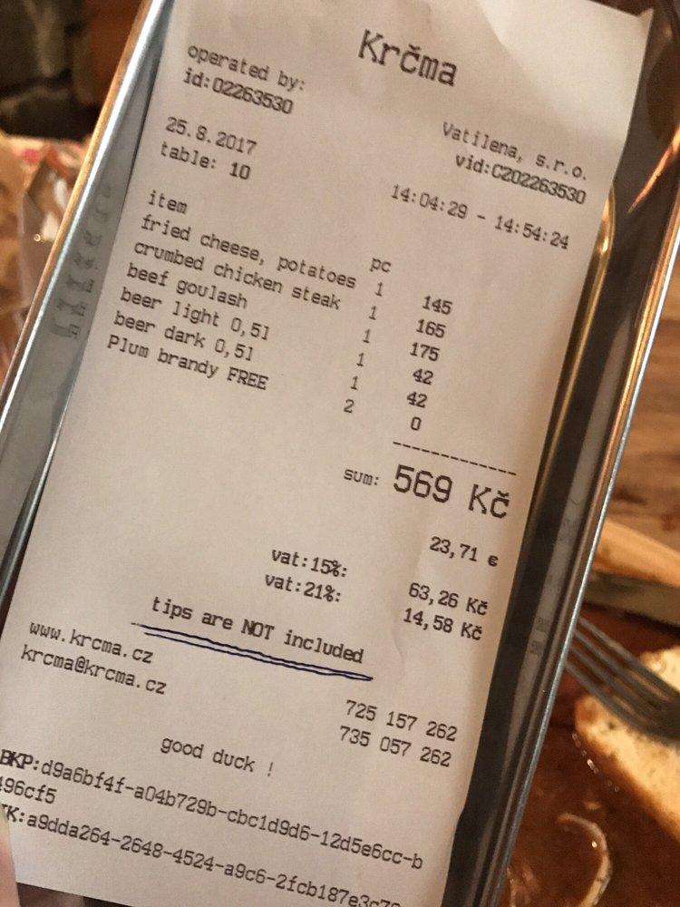 Menu at Krčma pub & bar, Prague, Kostečná 925/4