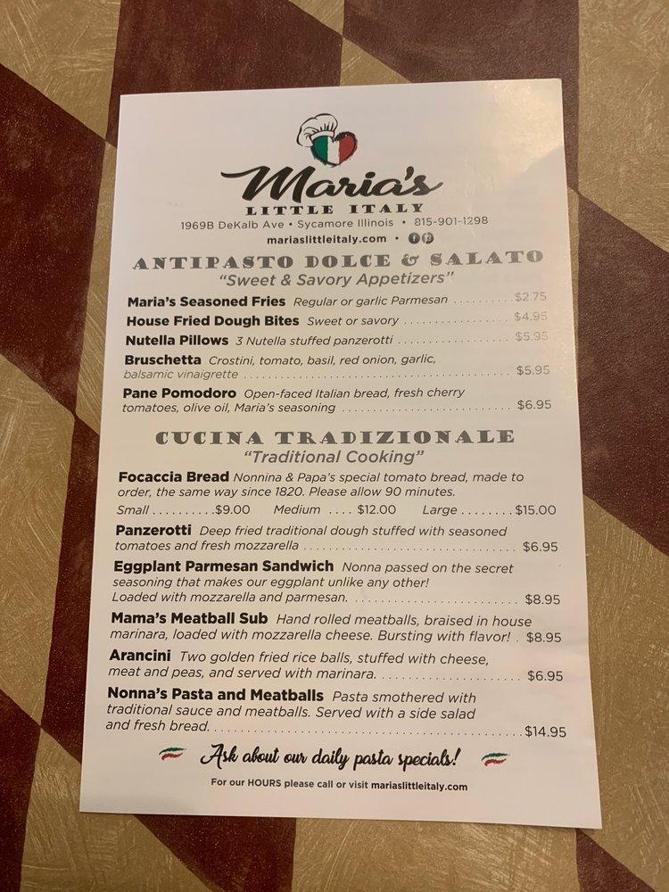 Menu at Maria's Little Italy restaurant, Sycamore, Dekalb Ave B