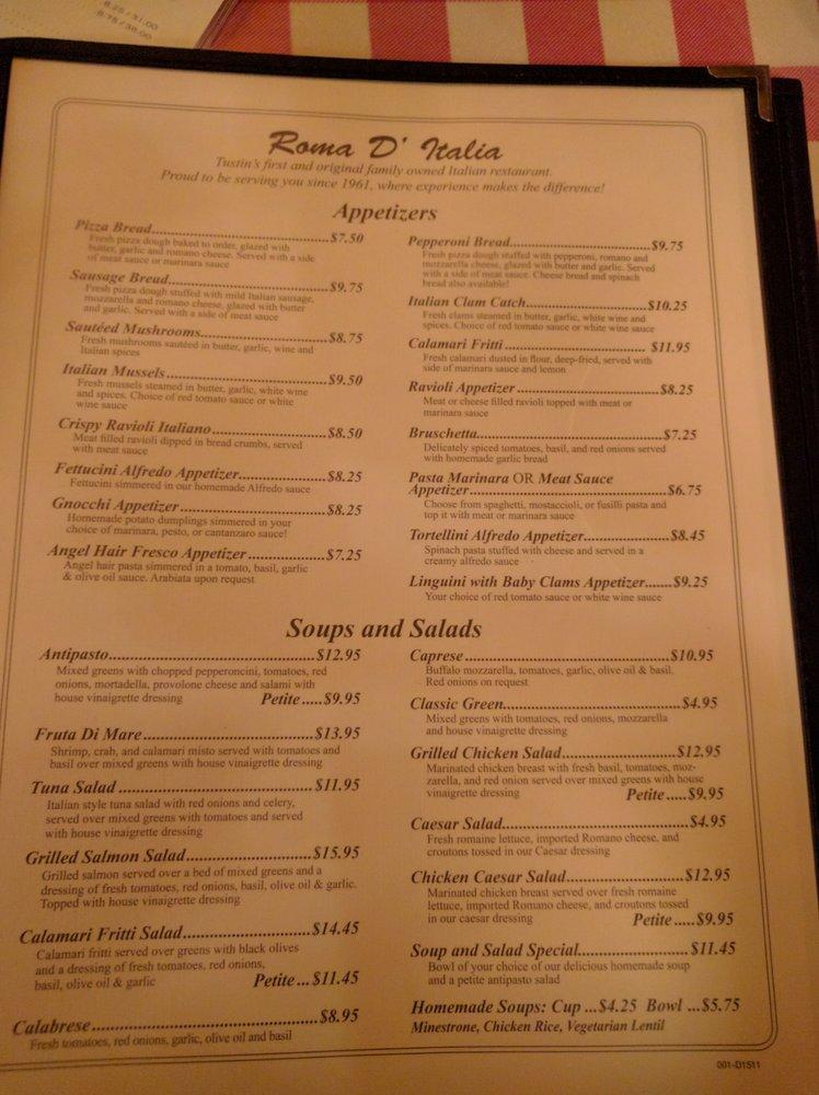 Menu at Roma D' Italia pizzeria, Tustin, 611 El Camino Real