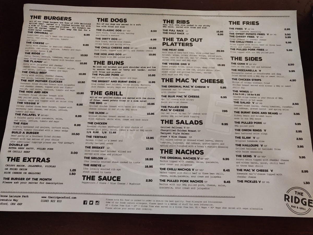 Menu at The Ridge (Shaw Ridge) restaurant, Swindon