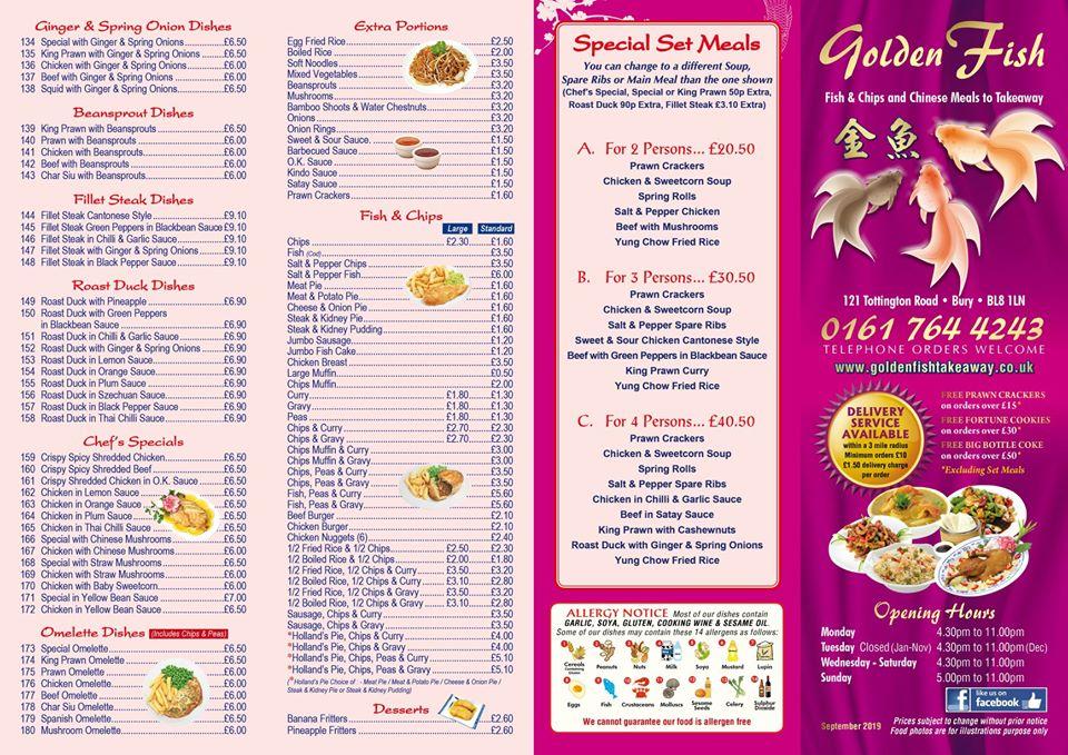 Menu at Golden Fish restaurant, Bury, 121 Tottington Rd