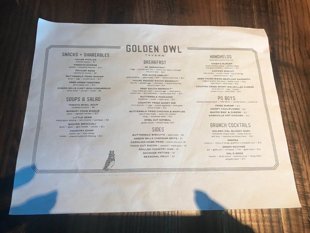 Menu at Golden Owl Tavern pub & bar, Charlotte, Robert D. Snyder Rd
