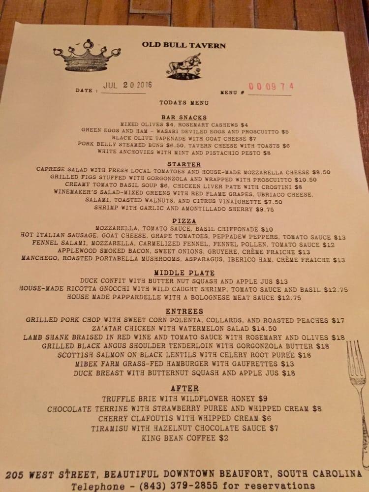 Carta del pub y bar Old Bull Tavern, Beaufort