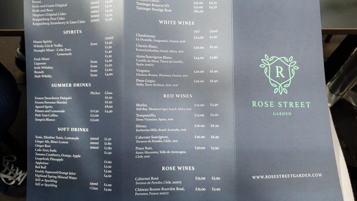 Menu at Rose Street Garden restaurant, Edinburgh
