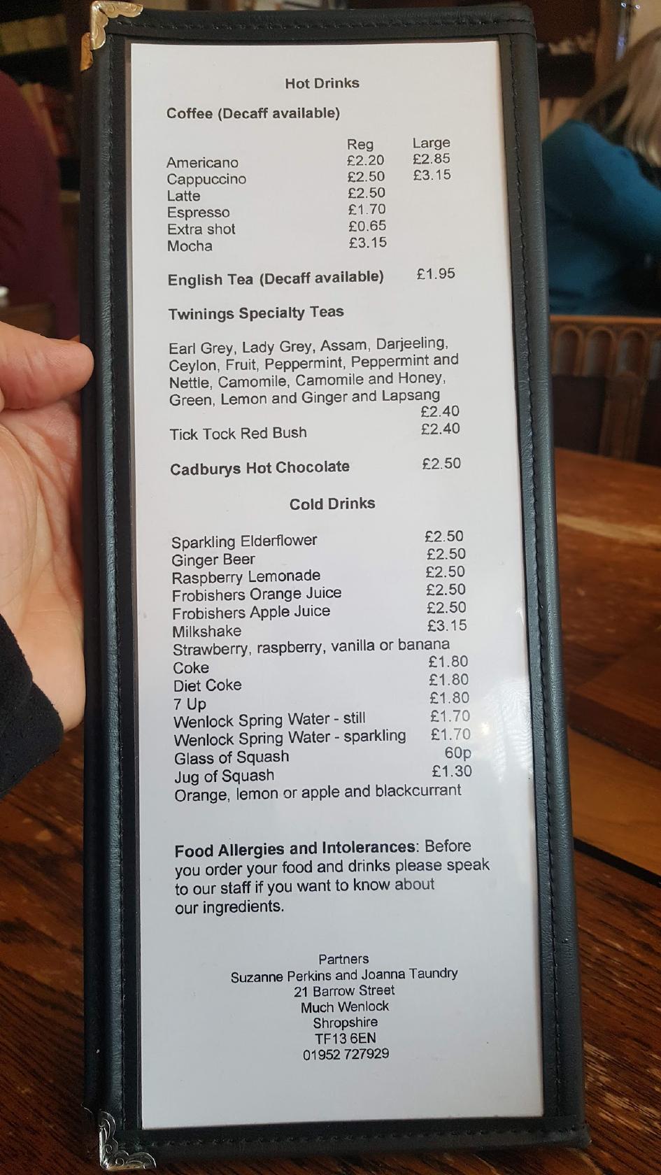 Menu at Tea on the Square cafe, Much Wenlock