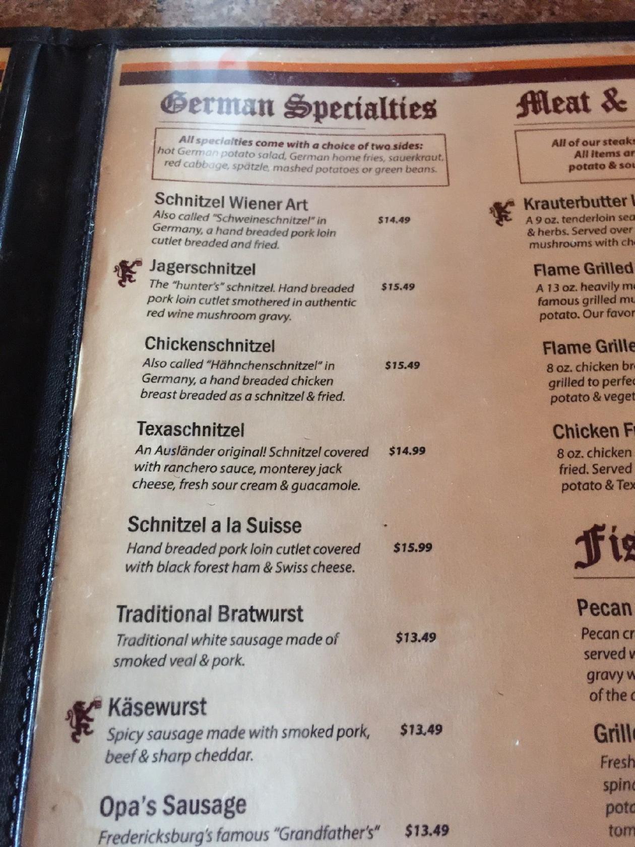 Menu at The Auslander pub & bar, Fredericksburg