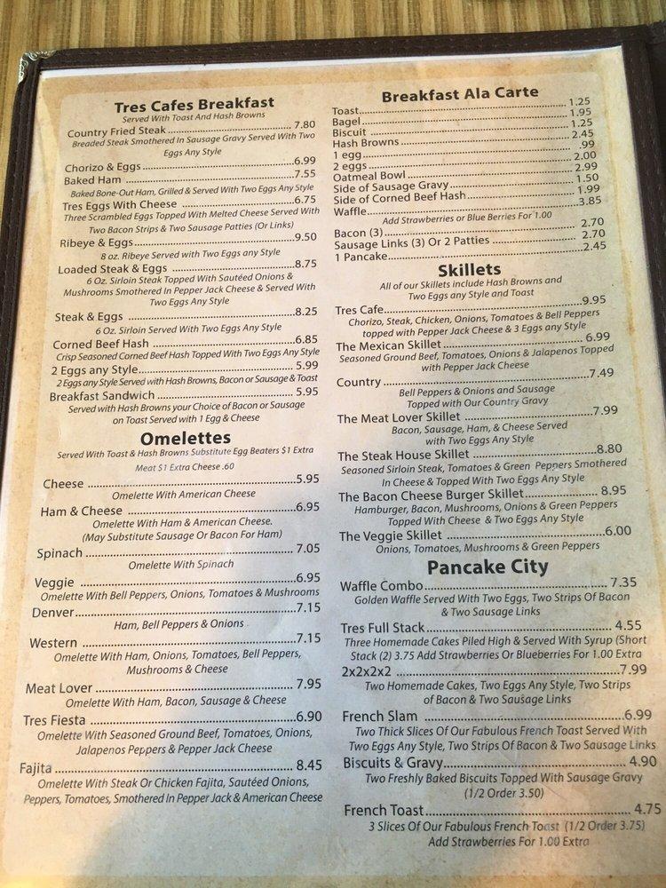 Menu at Tres Cafe, Galesburg