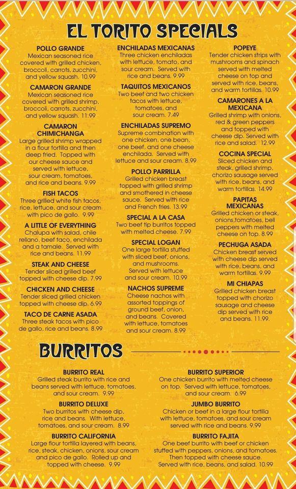 Menu at El Torito Mexican Restaurant, South Williamson