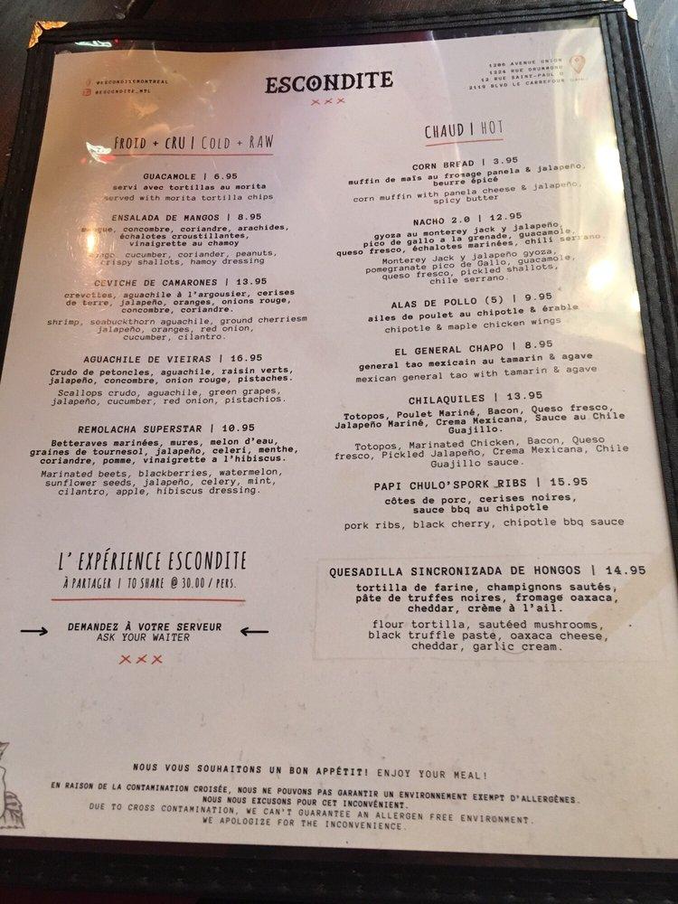 Menu at Escondite Vieux Port restaurant, Montréal, 12 Saint-Paul St W