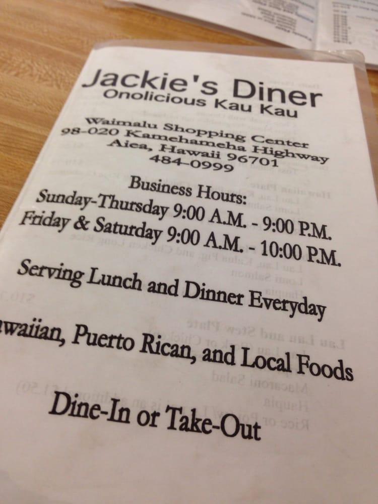Menu at Jackie's Diner restaurant, Aiea